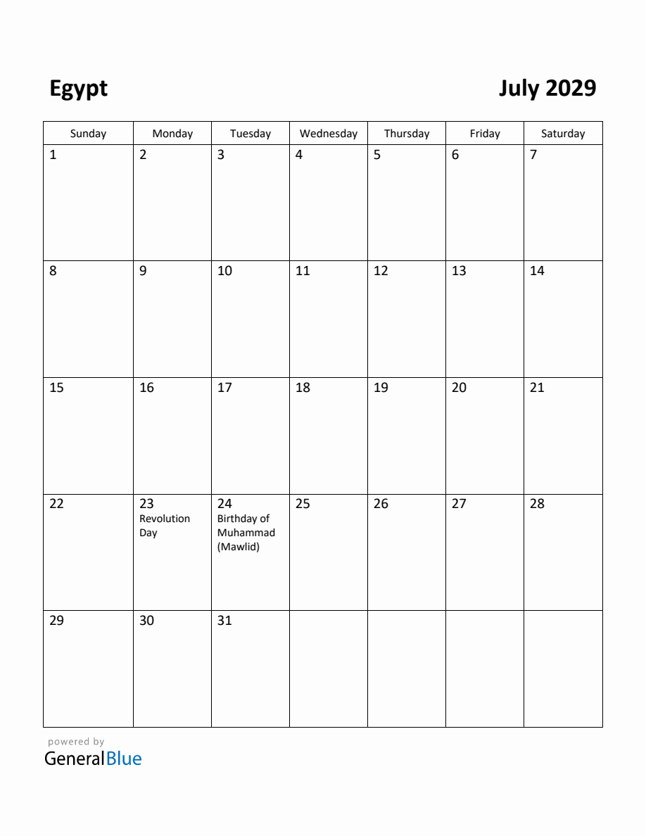 Free Printable July 2029 Calendar for Egypt