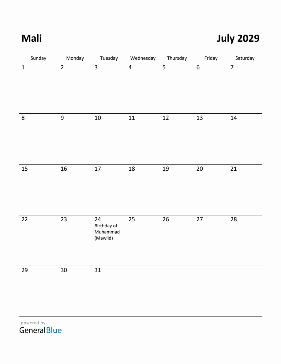 Free Printable July 2029 Calendar for Mali
