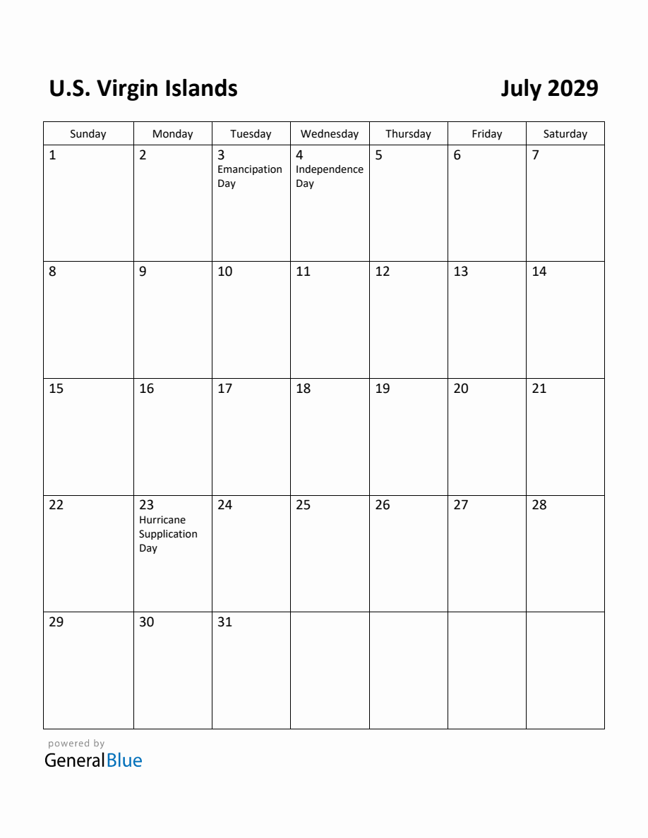 Free Printable July 2029 Calendar for U.S. Virgin Islands