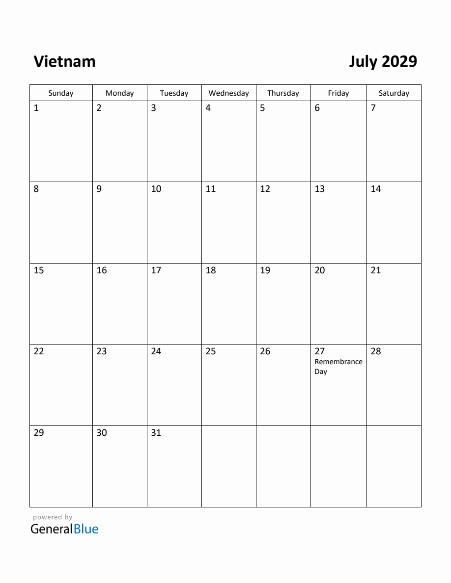 Free Printable July 2029 Calendar for Vietnam