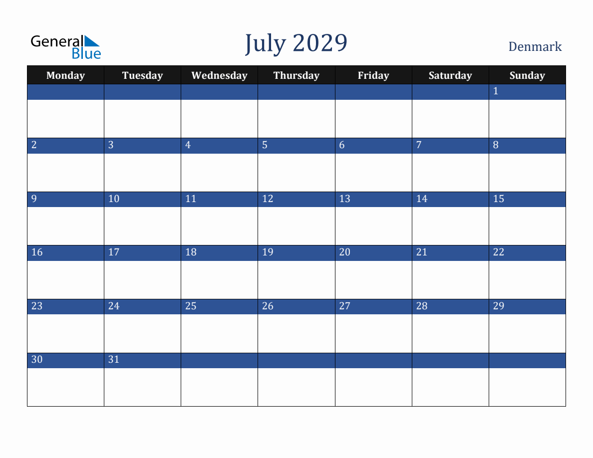 July 2029 Denmark Holiday Calendar (Monday Start)