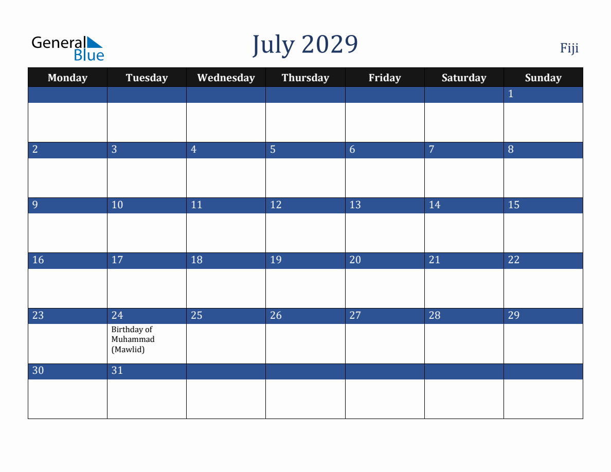 July 2029 Fiji Holiday Calendar (Monday Start)