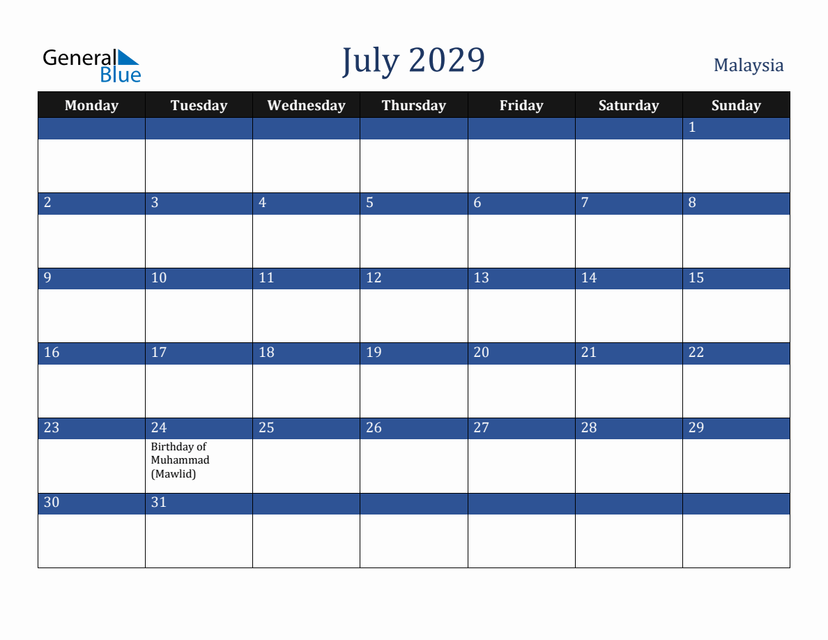 July 2029 Malaysia Holiday Calendar (Monday Start)