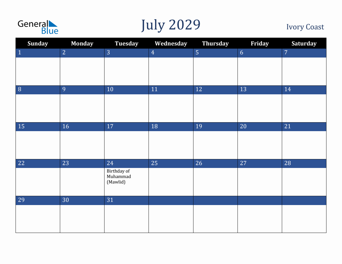 July 2029 Ivory Coast Holiday Calendar
