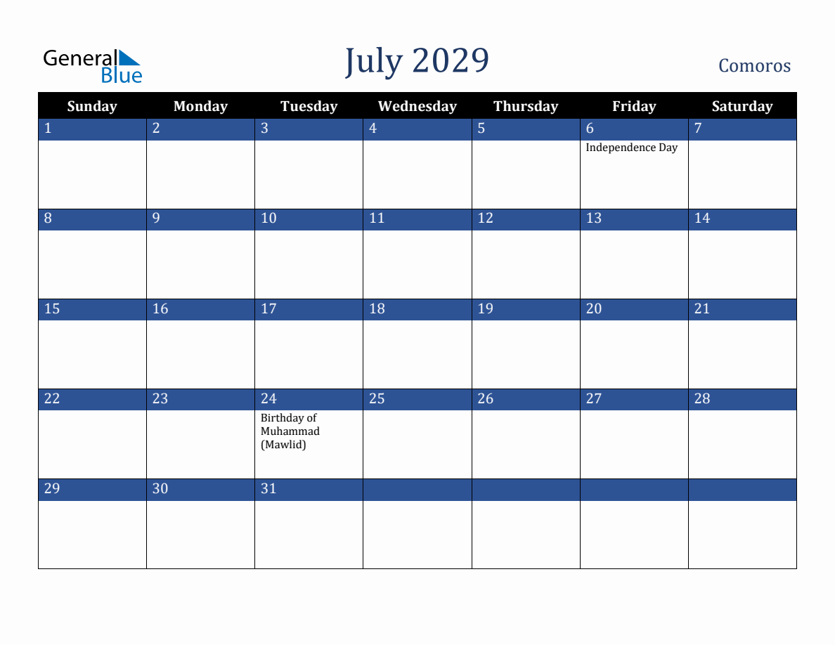 July 2029 Comoros Holiday Calendar