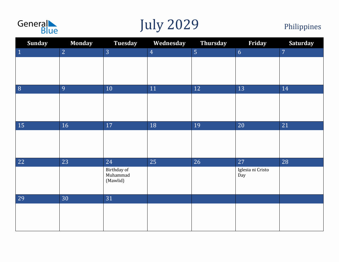 July 2029 Philippines Holiday Calendar