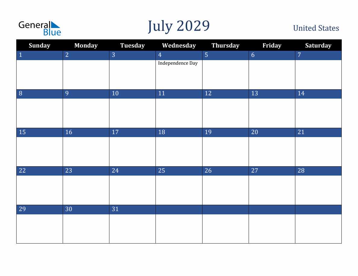 July 2029 United States Holiday Calendar