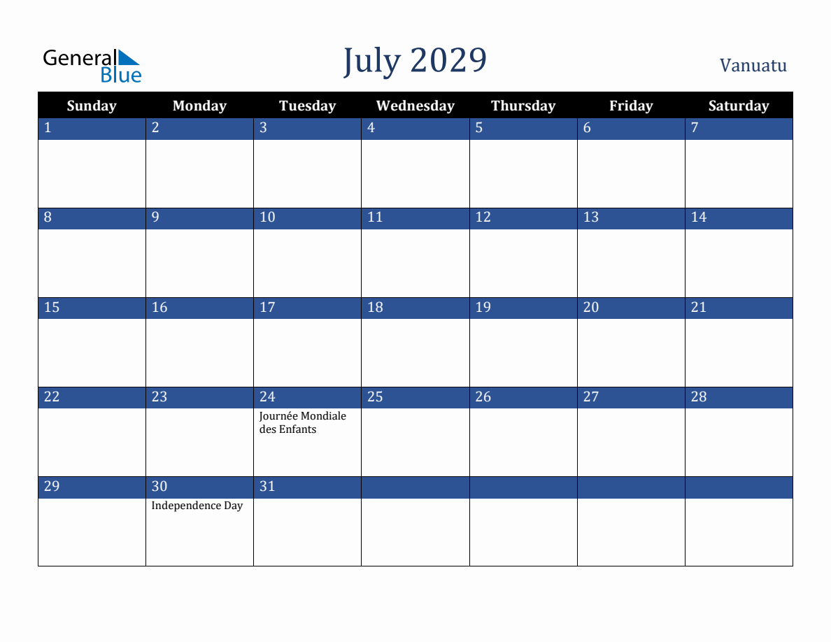 July 2029 Vanuatu Holiday Calendar