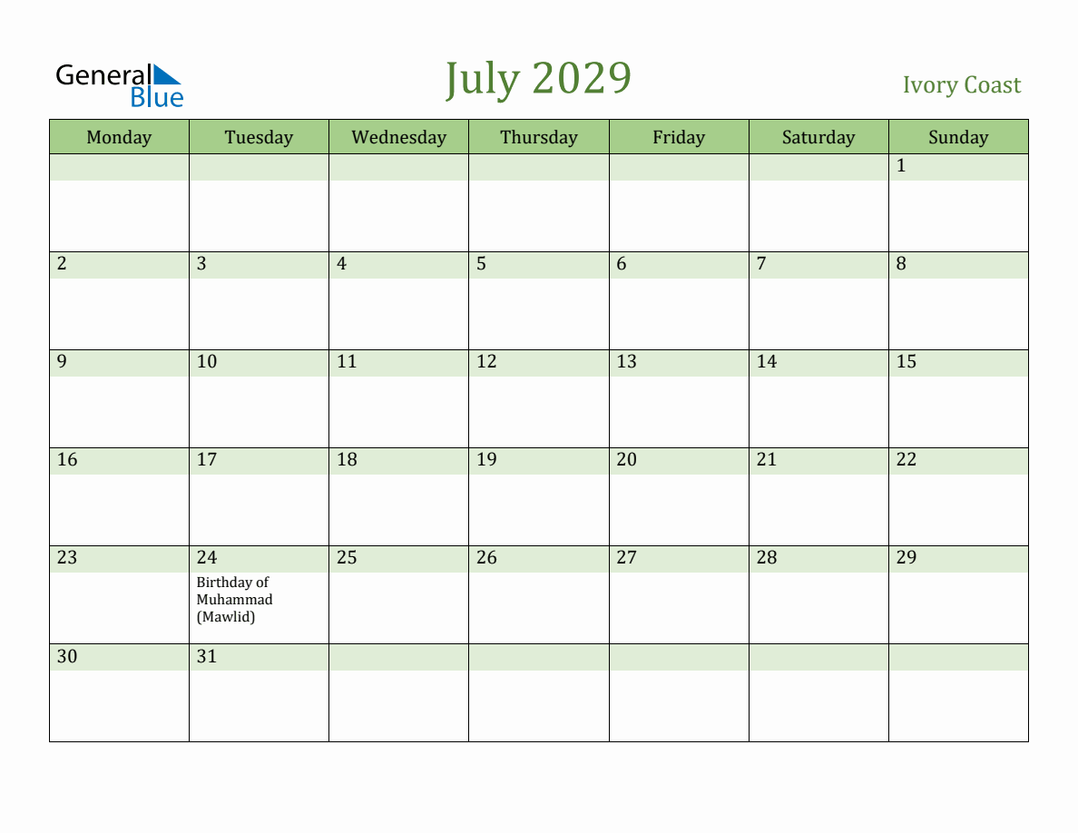 Fillable Holiday Calendar for Ivory Coast - July 2029 (Monday Start)