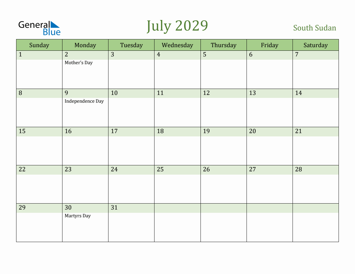 Fillable Holiday Calendar for South Sudan - July 2029