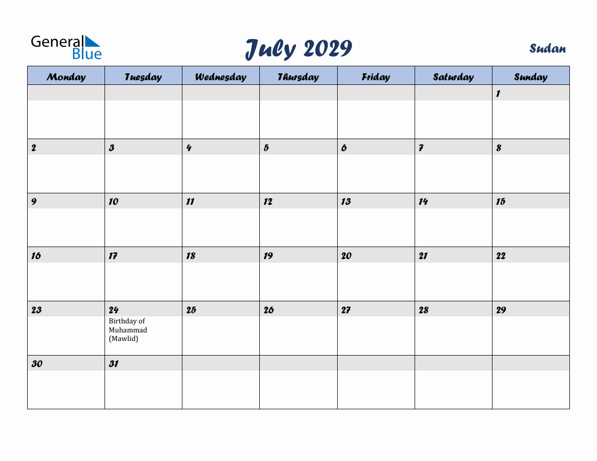 July 2029 Monthly Calendar Template with Holidays for Sudan (Monday Start)