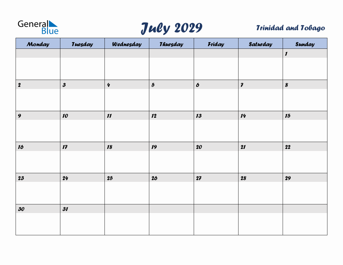 July 2029 Monthly Calendar Template with Holidays for Trinidad and ...