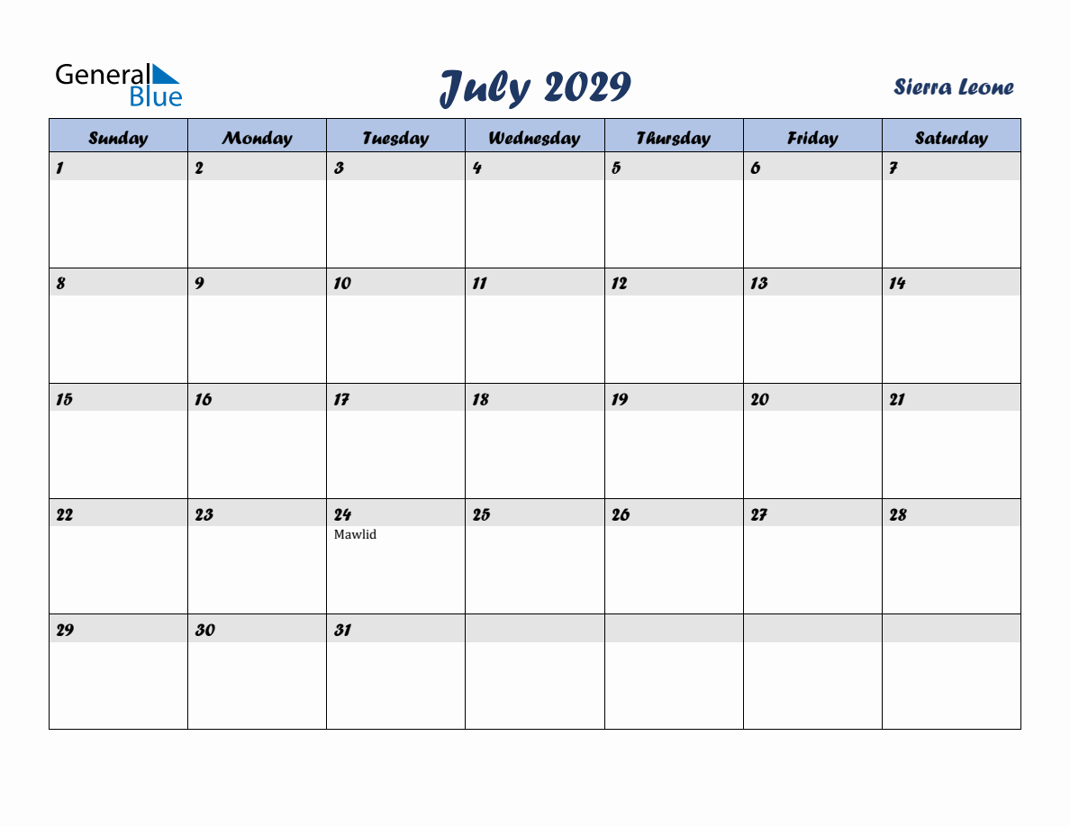 July 2029 Monthly Calendar Template with Holidays for Sierra Leone