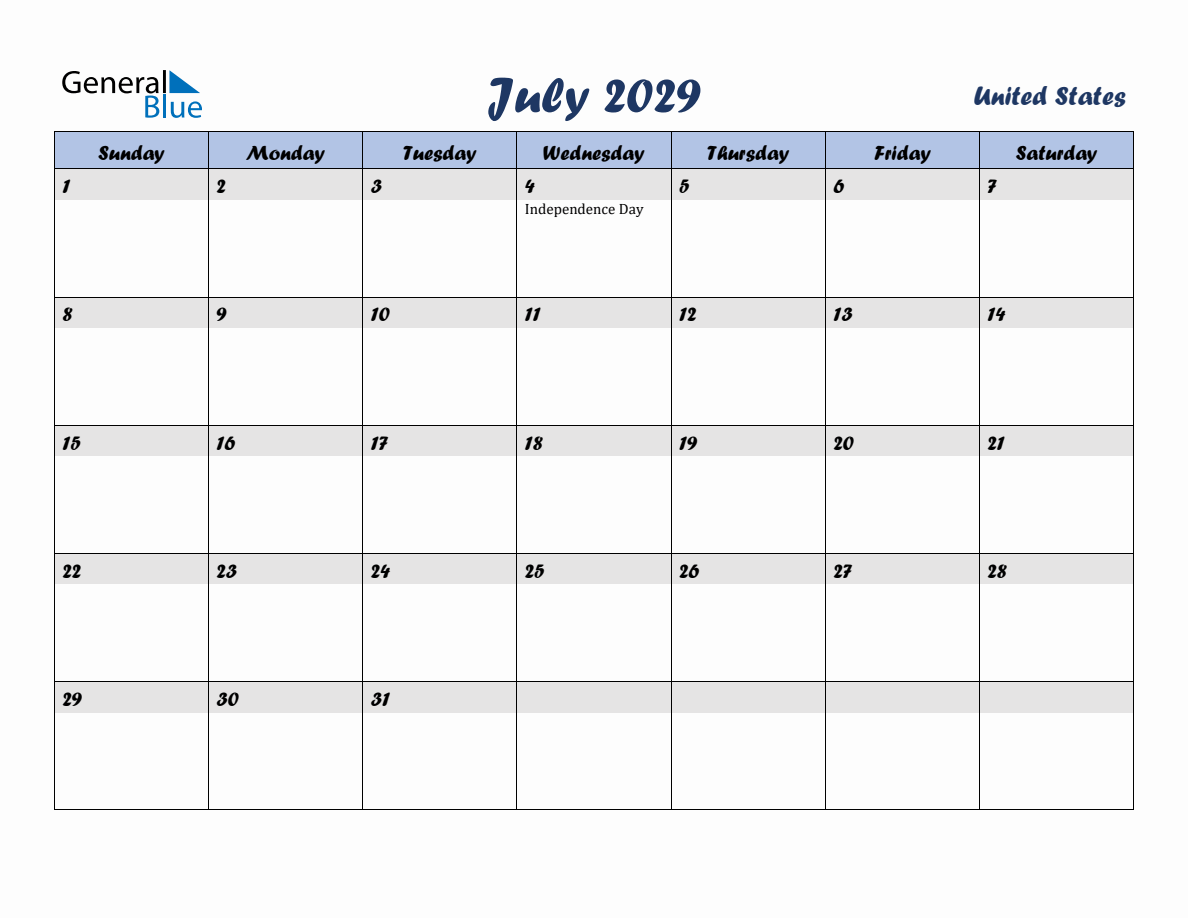 July 2029 Monthly Calendar Template with Holidays for United States