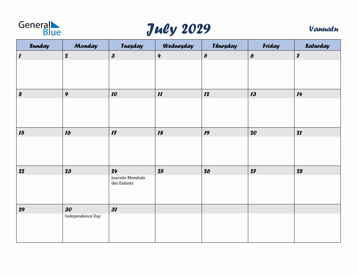 July 2029 Monthly Calendar Template with Holidays for Vanuatu