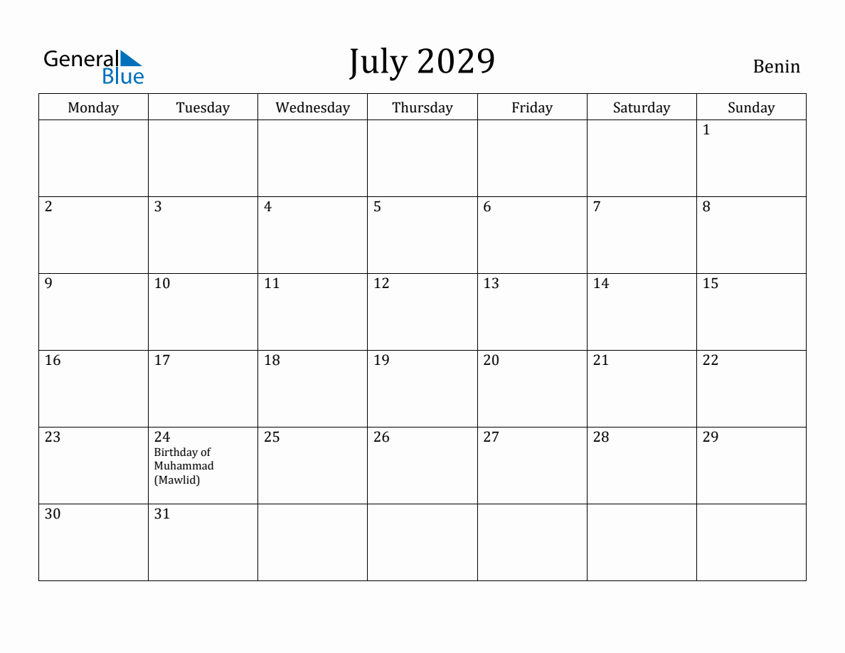 Benin Monthly Calendar - July 2029 (Monday Start)