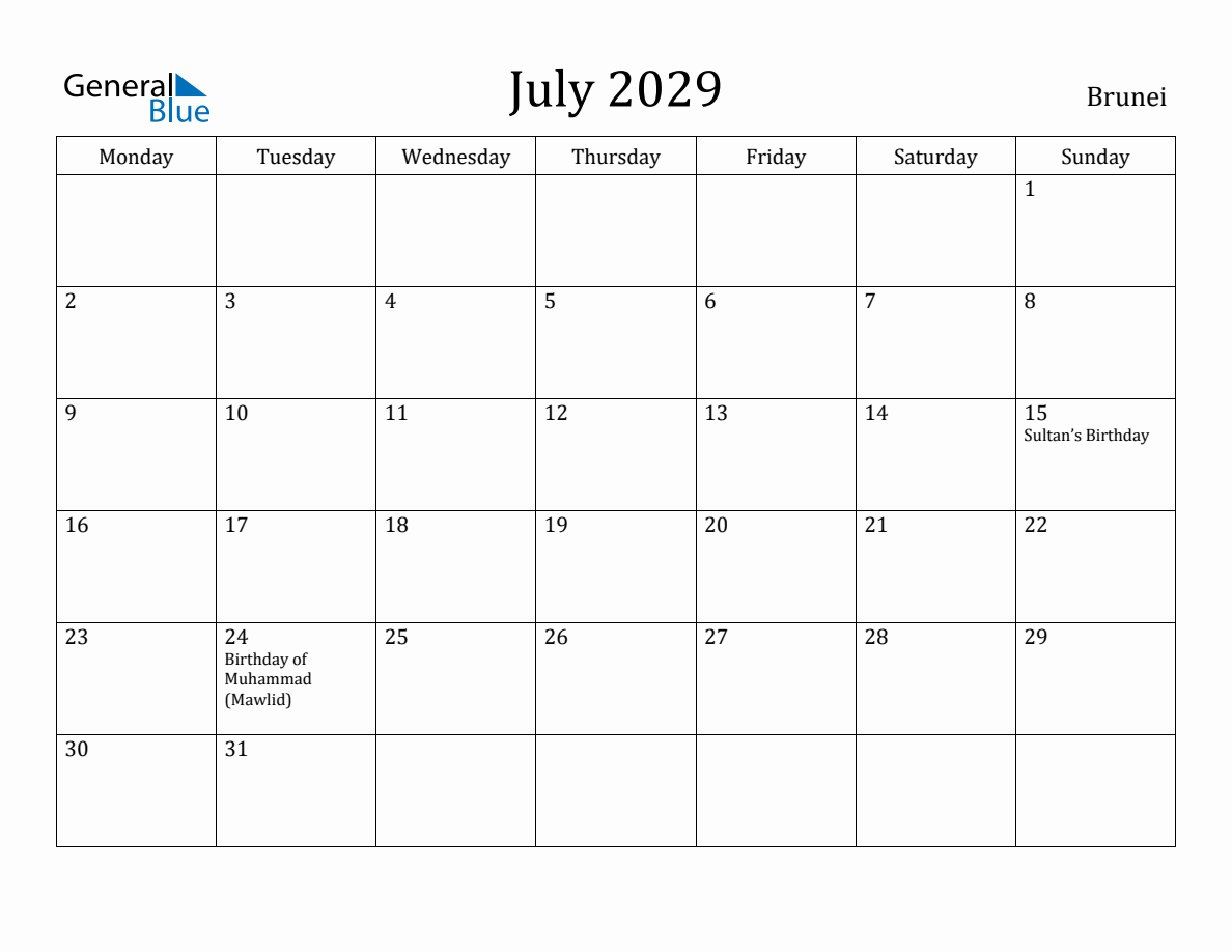 Brunei Monthly Calendar - July 2029 (Monday Start)