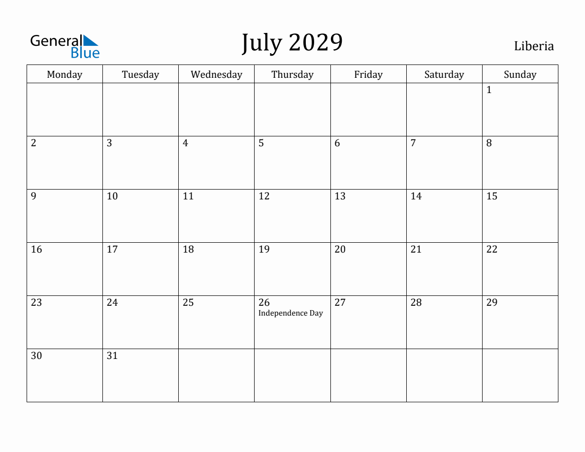 July 2029 Monthly Calendar with Liberia Holidays (Monday Start)