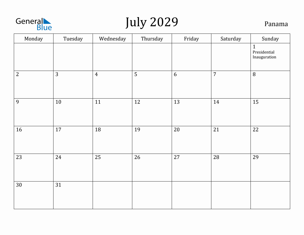 Panama Monthly Calendar - July 2029 (Monday Start)