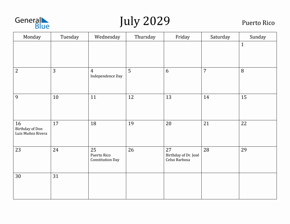 Puerto Rico Monthly Calendar - July 2029 (Monday Start)