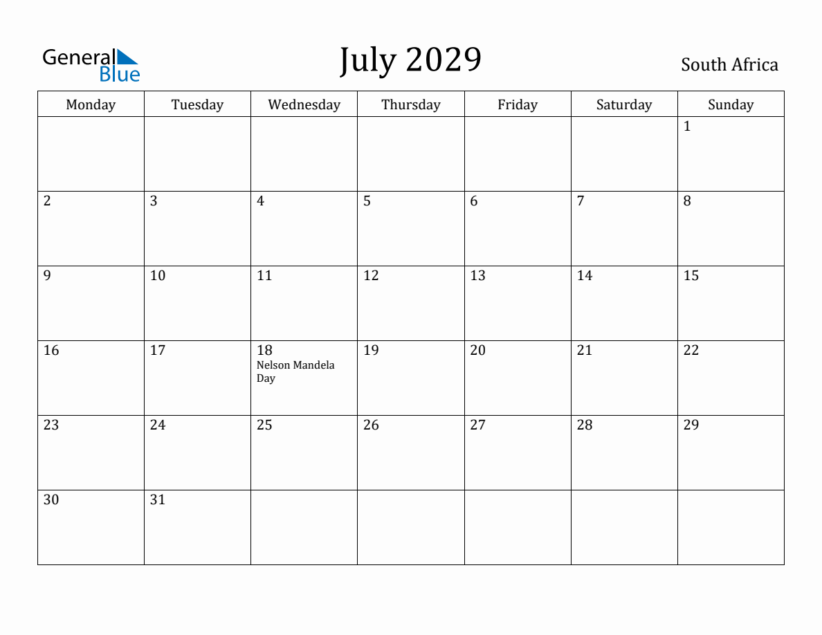 July 2029 - South Africa Monthly Calendar with Holidays