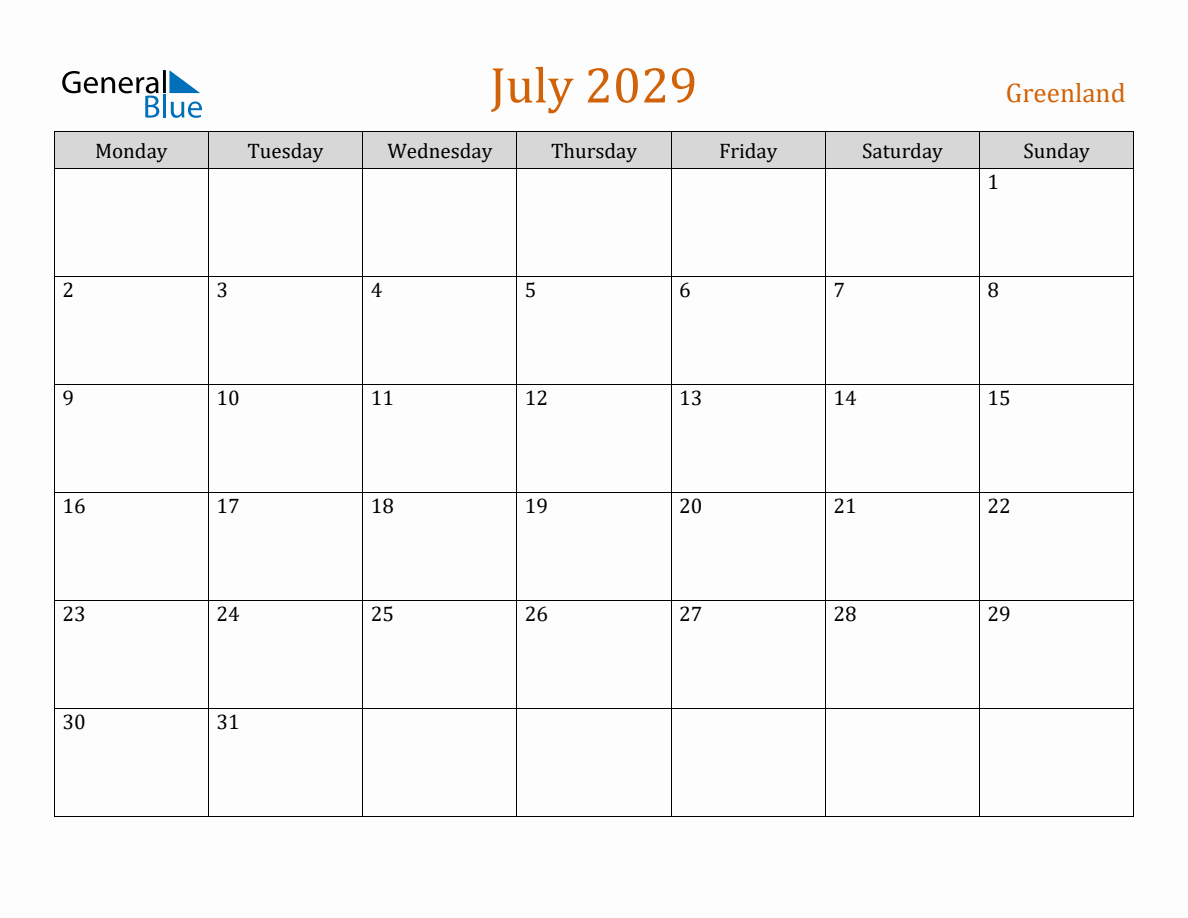 Free July 2029 Greenland Calendar (Monday Start)