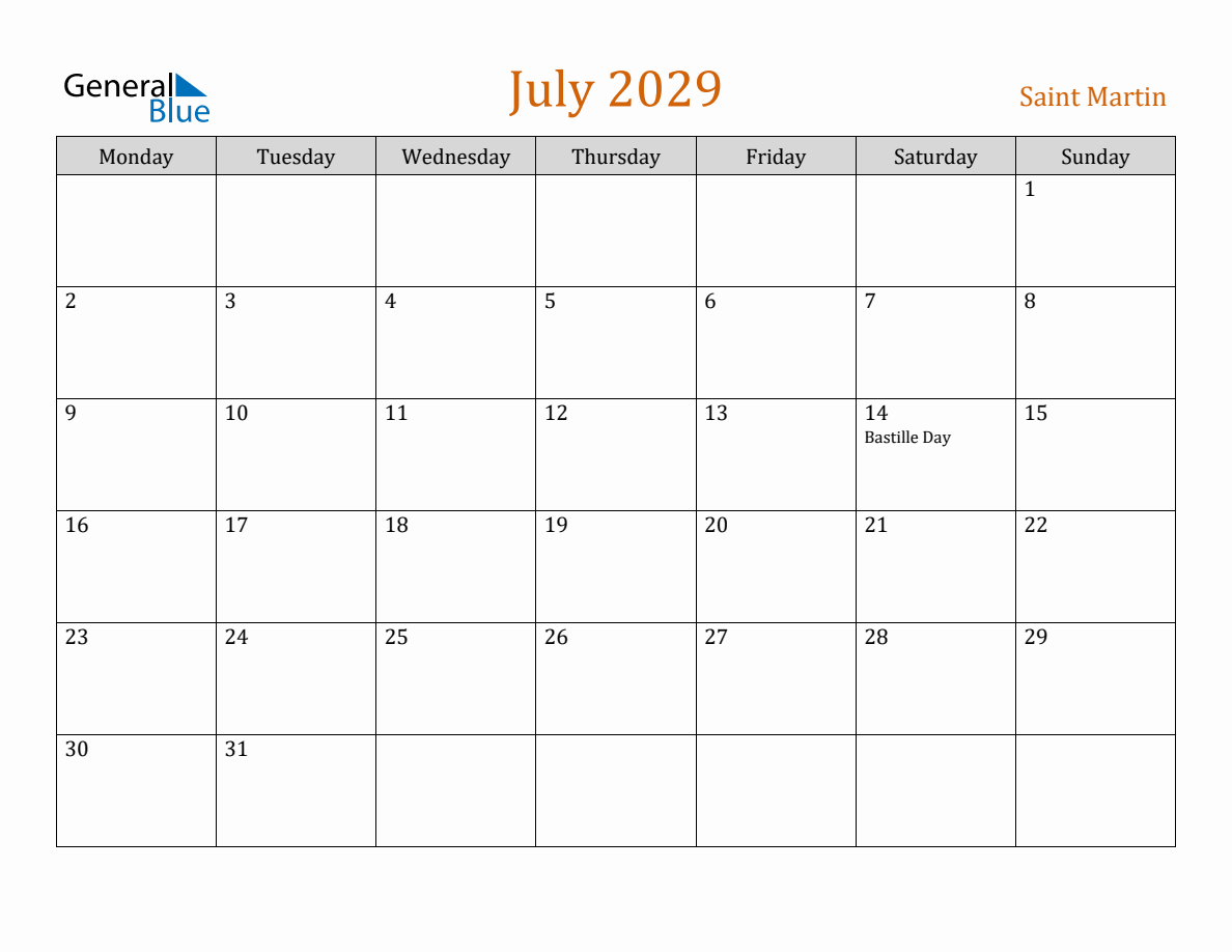 Free July 2029 Saint Martin Calendar (Monday Start)