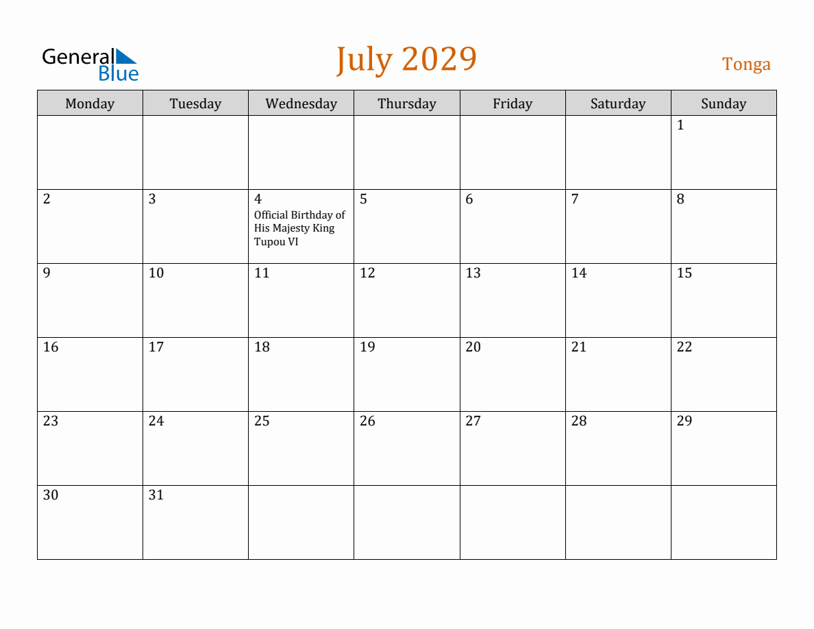 Free July 2029 Tonga Calendar (Monday Start)