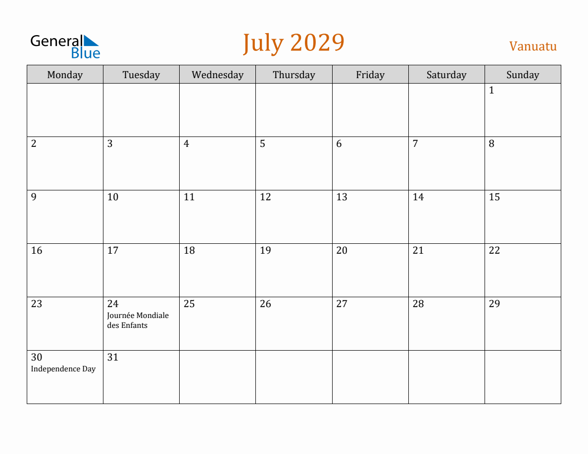 Free July 2029 Vanuatu Calendar (Monday Start)