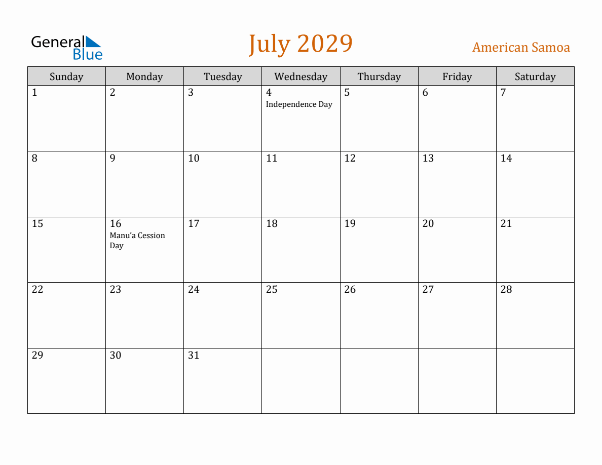 Free July 2029 American Samoa Calendar