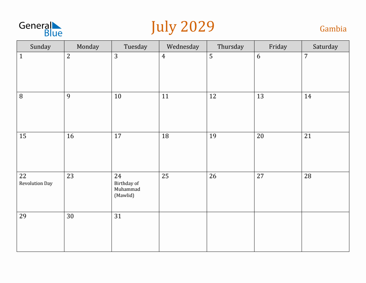 Free July 2029 Gambia Calendar
