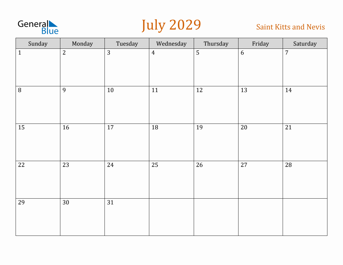 Free July 2029 Saint Kitts and Nevis Calendar