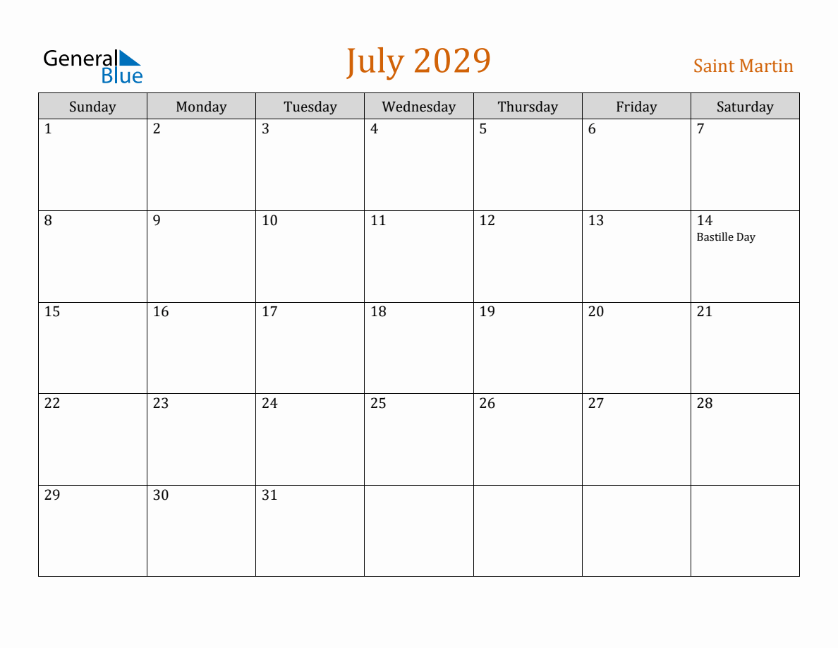 Free July 2029 Saint Martin Calendar