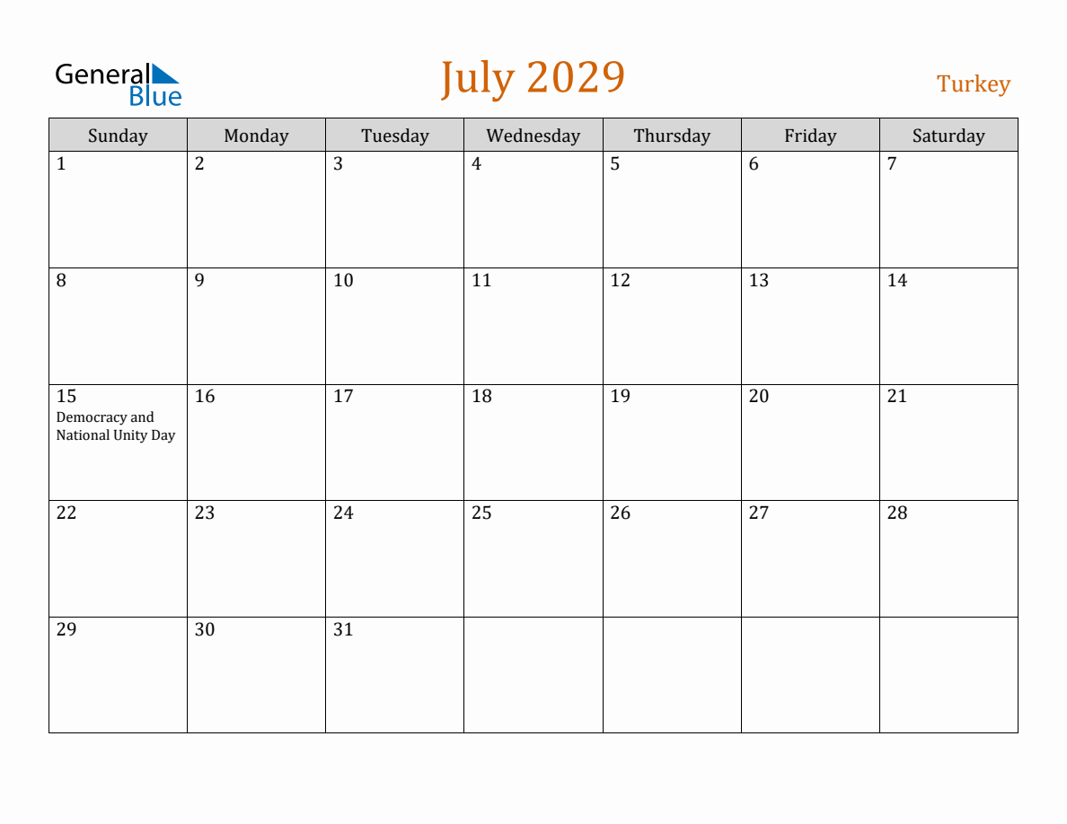 Free July 2029 Turkey Calendar