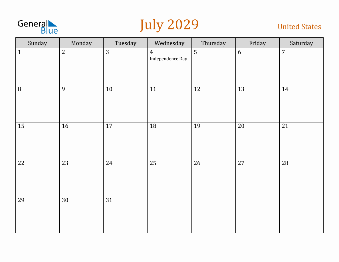 Free July 2029 United States Calendar