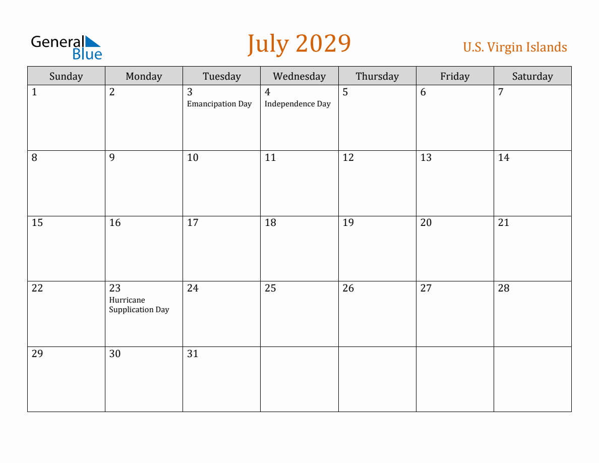 Free July 2029 U.S. Virgin Islands Calendar