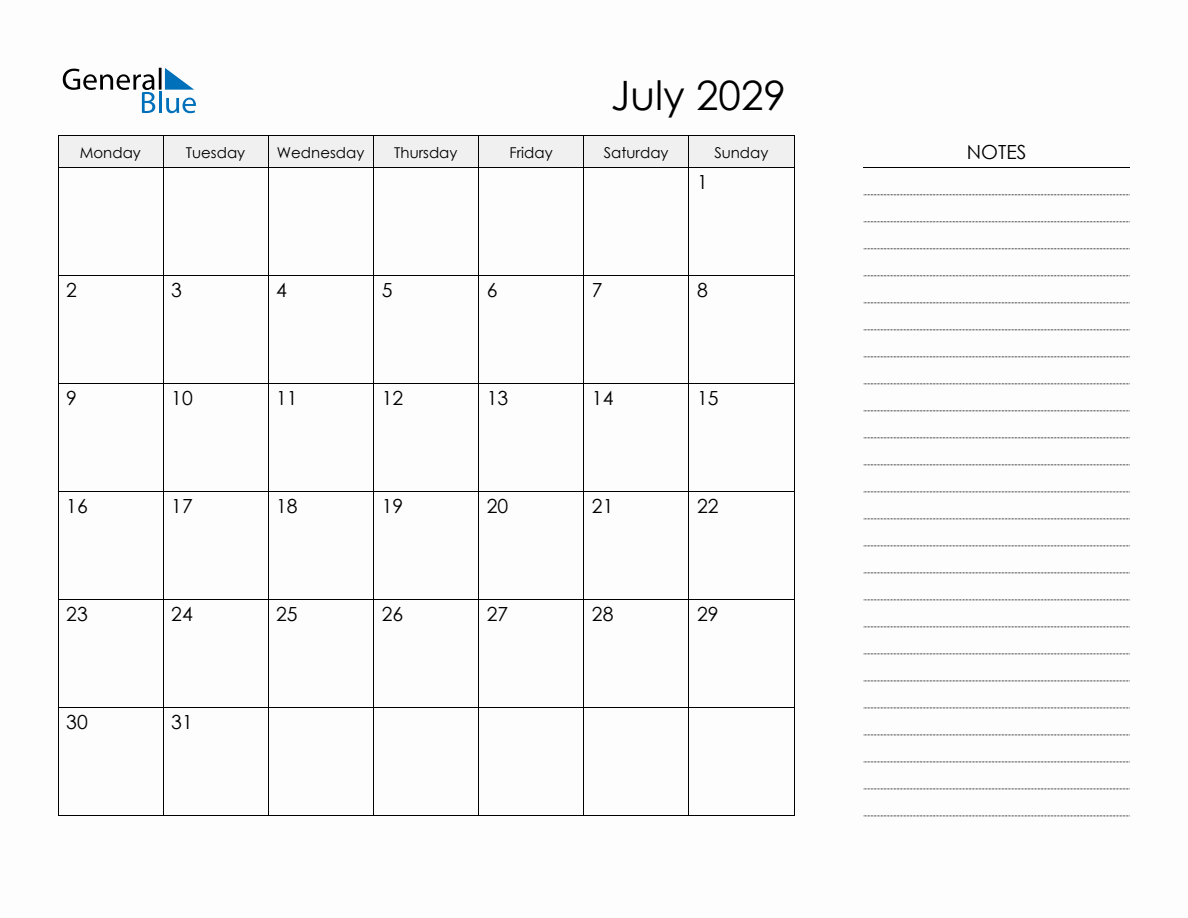 Printable Monthly Calendar with Notes - July 2029 - Monday Start