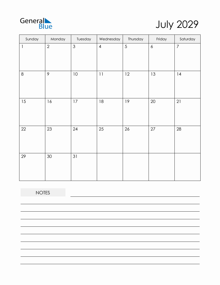 July 2029 Monthly Planner Calendar