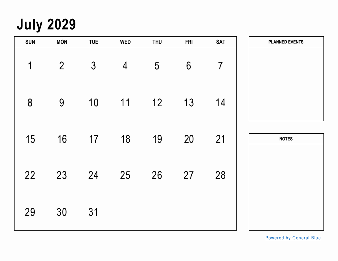 July 2029 Monthly Planner