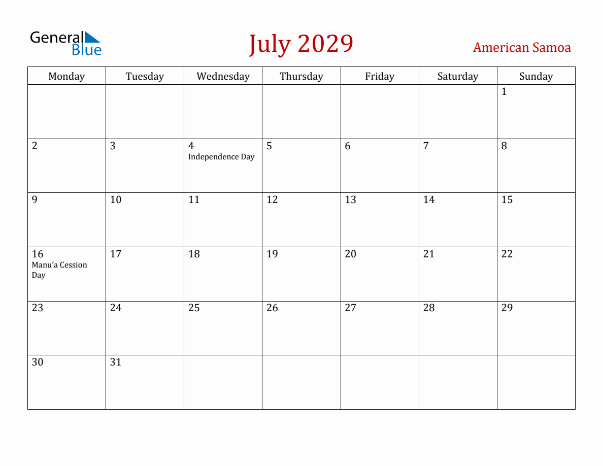 July 2029 American Samoa Monthly Calendar with Holidays (Monday Start)