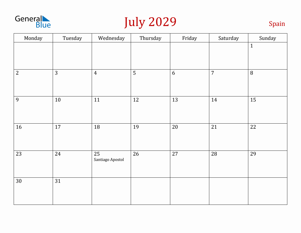 July 2029 Spain Monthly Calendar with Holidays (Monday Start)