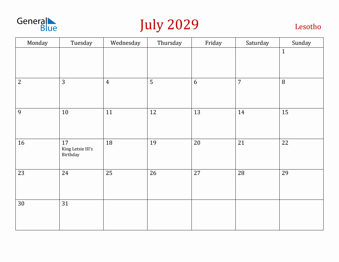 July 2029 Lesotho Monthly Calendar with Holidays (Monday Start)