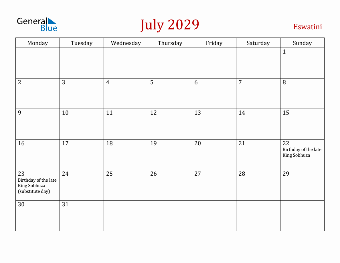 July 2029 Eswatini Monthly Calendar with Holidays (Monday Start)