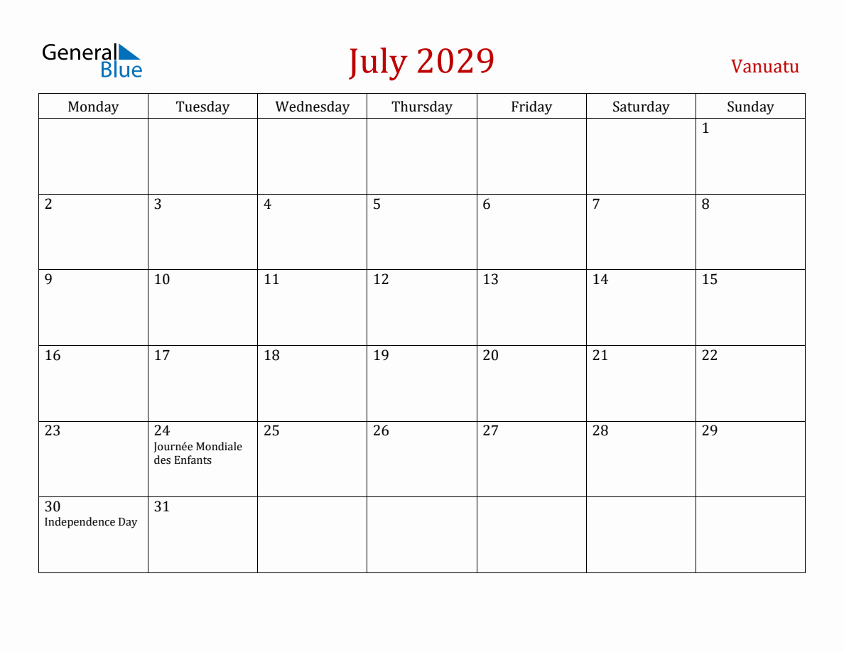 July 2029 Vanuatu Monthly Calendar with Holidays (Monday Start)