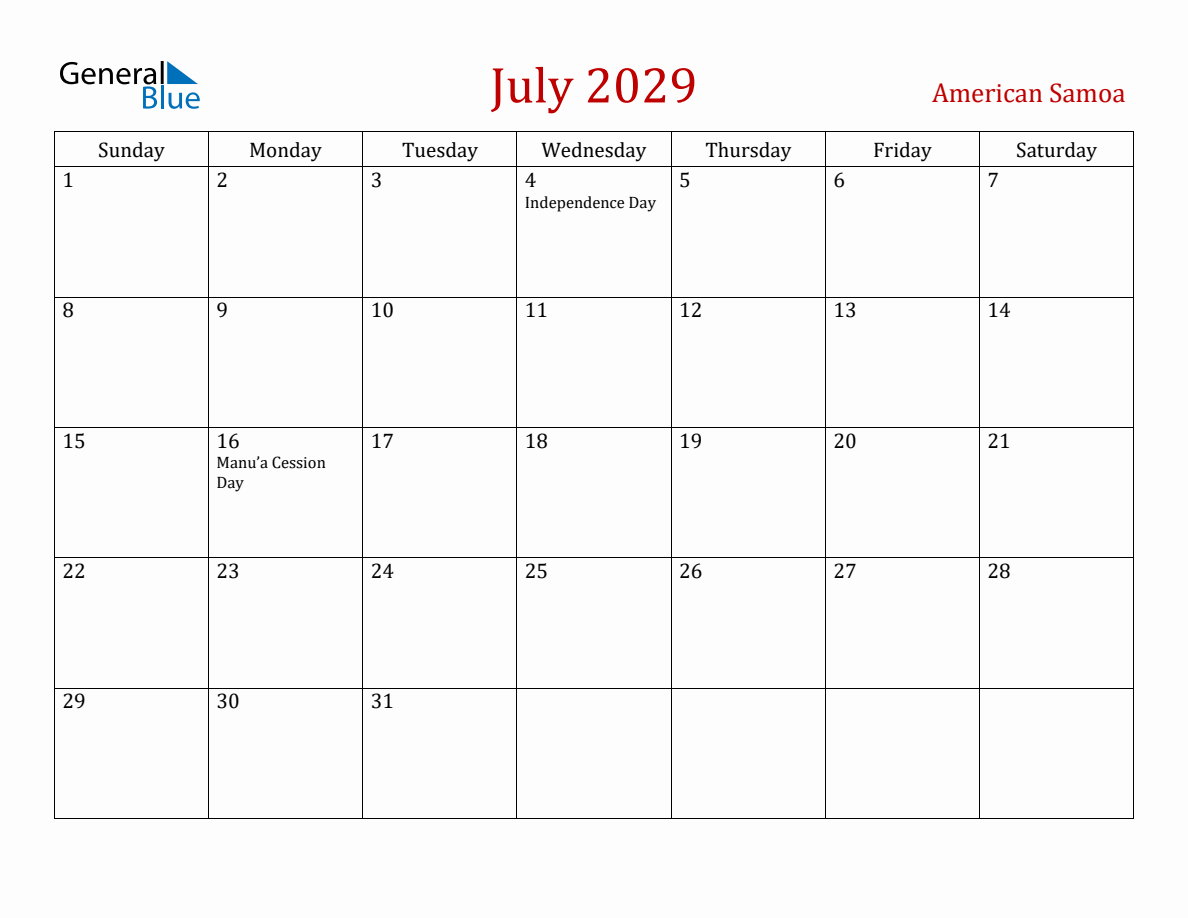 July 2029 American Samoa Monthly Calendar with Holidays