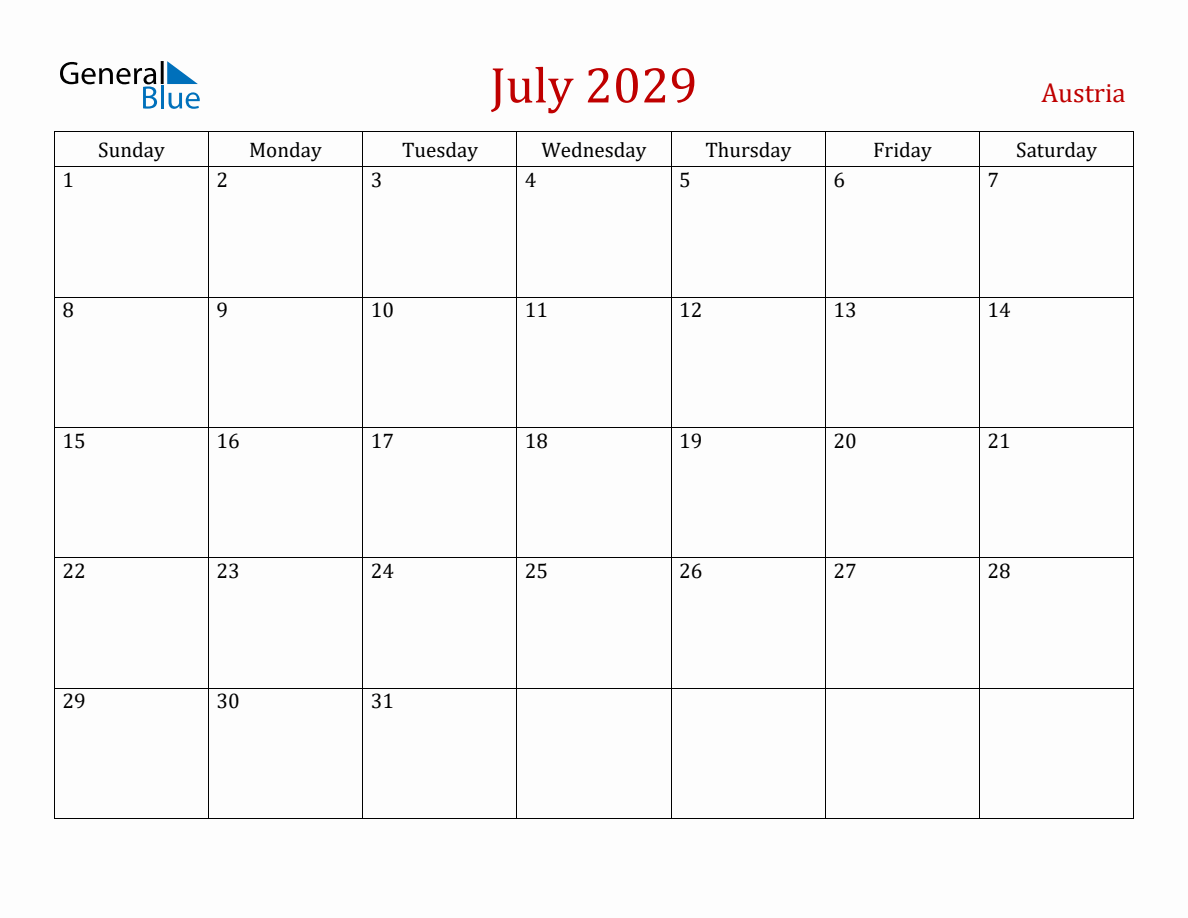 July 2029 Austria Monthly Calendar with Holidays