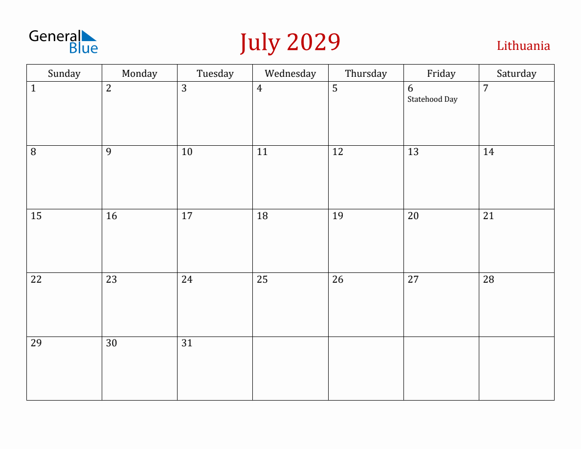July 2029 Lithuania Monthly Calendar with Holidays