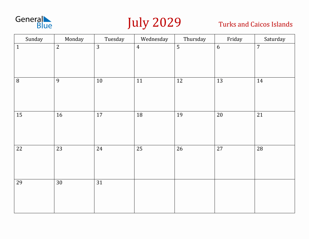 July 2029 Turks and Caicos Islands Monthly Calendar with Holidays