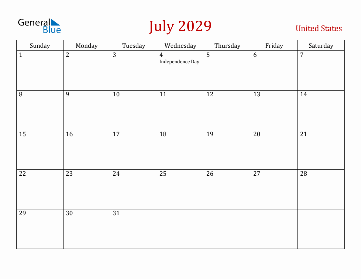July 2029 United States Monthly Calendar with Holidays
