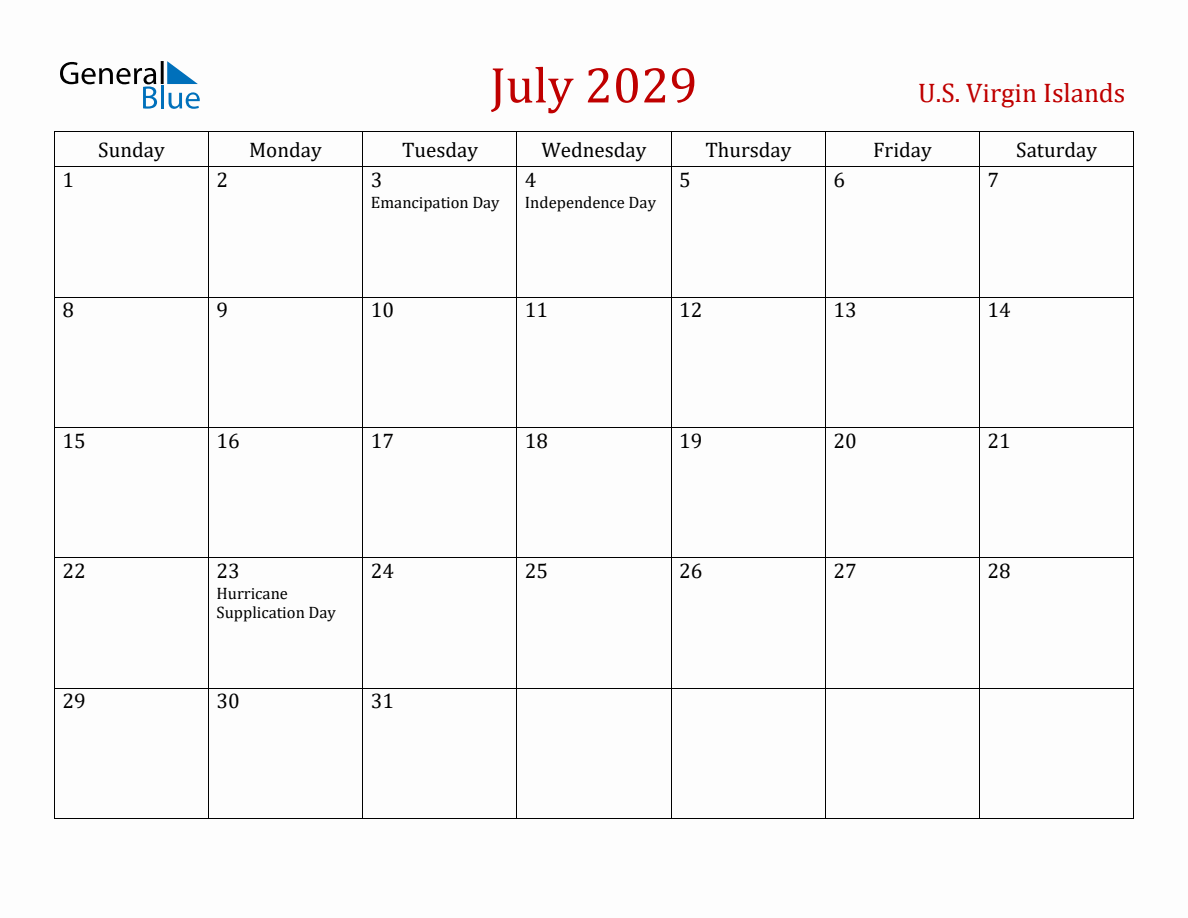 July 2029 U.S. Virgin Islands Monthly Calendar with Holidays